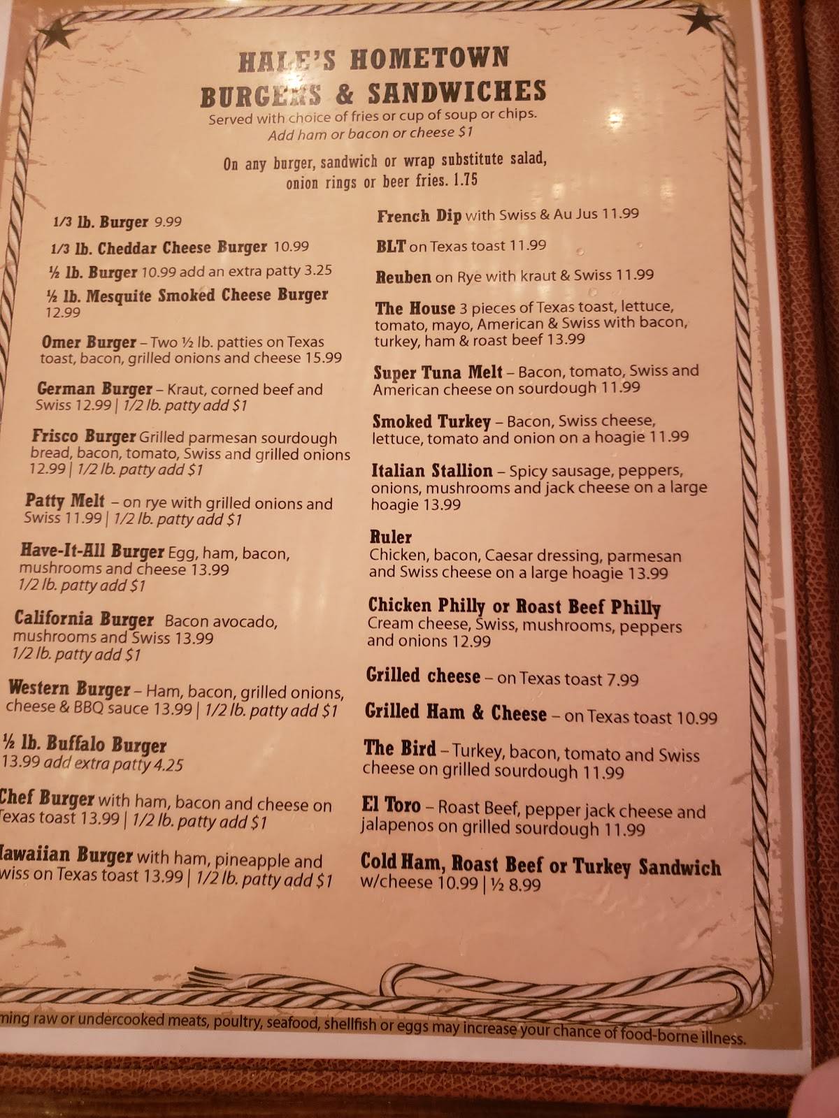 Menu at Hale's Tavern steakhouse, Hermiston