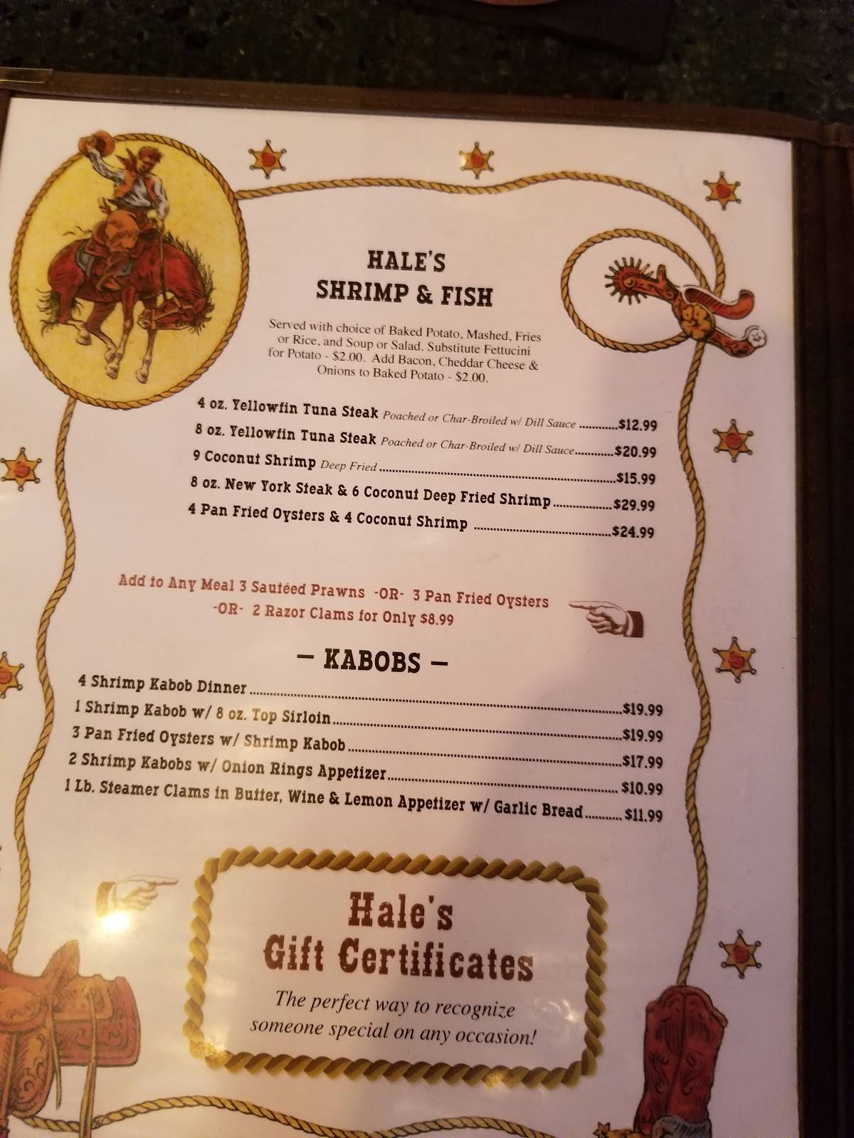 Menu at Hale's Tavern steakhouse, Hermiston