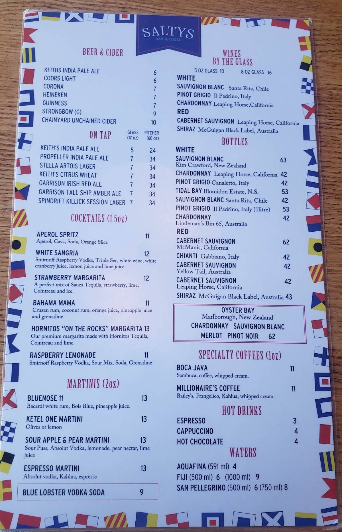 Menu at Salty's restaurant, Halifax