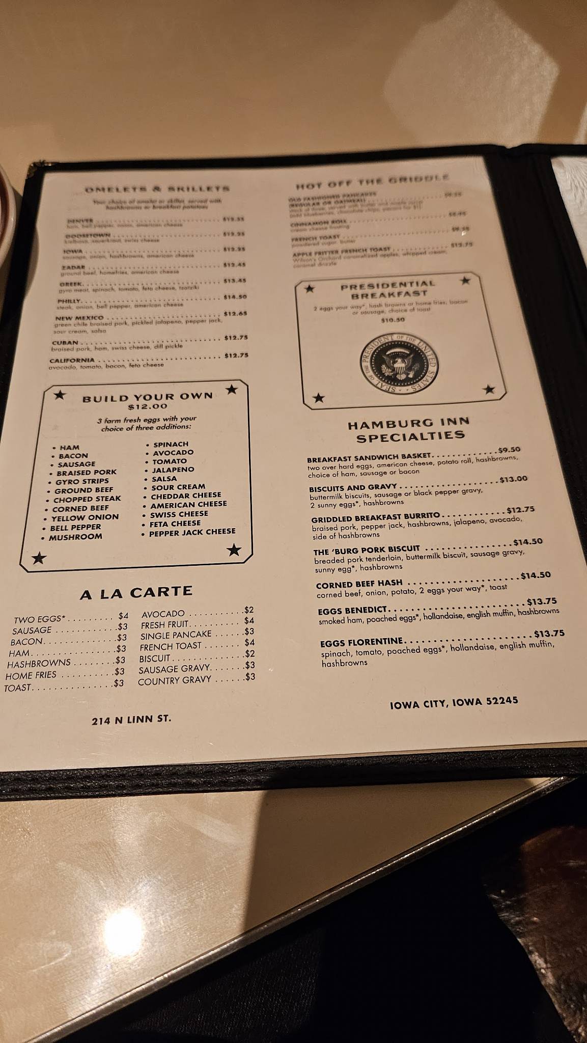 Menu at Hamburg Inn No. 2 restaurant, Iowa City