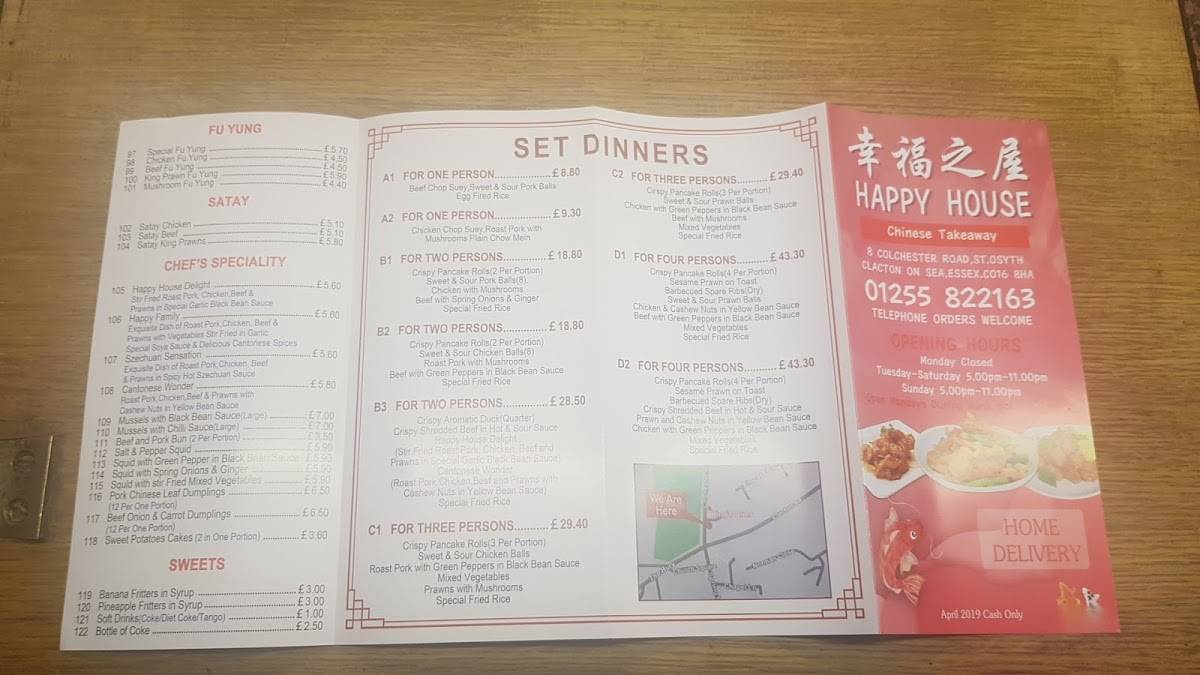 Menu at Happy House Chinese fast food, Clacton-on-Sea