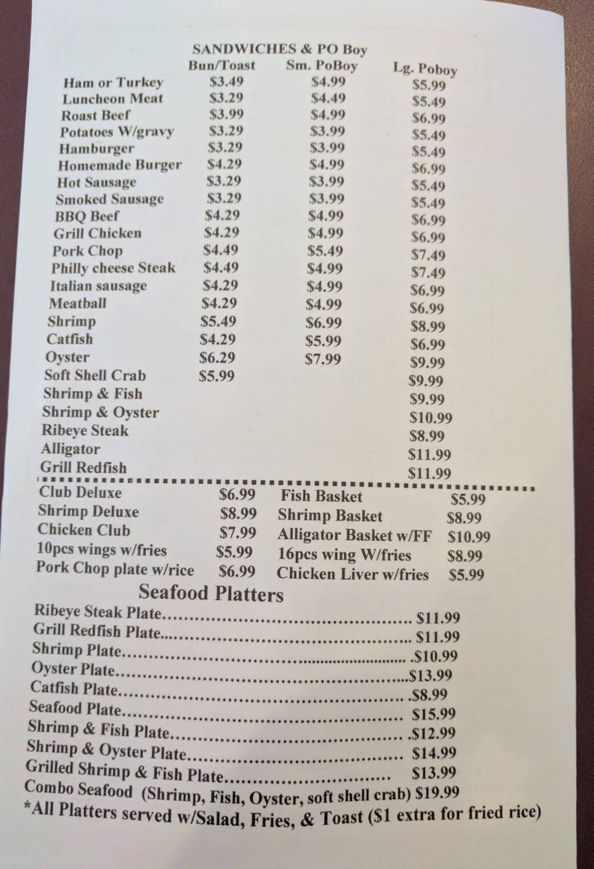 Menu at Harahan E-Z Stop restaurant, Harahan