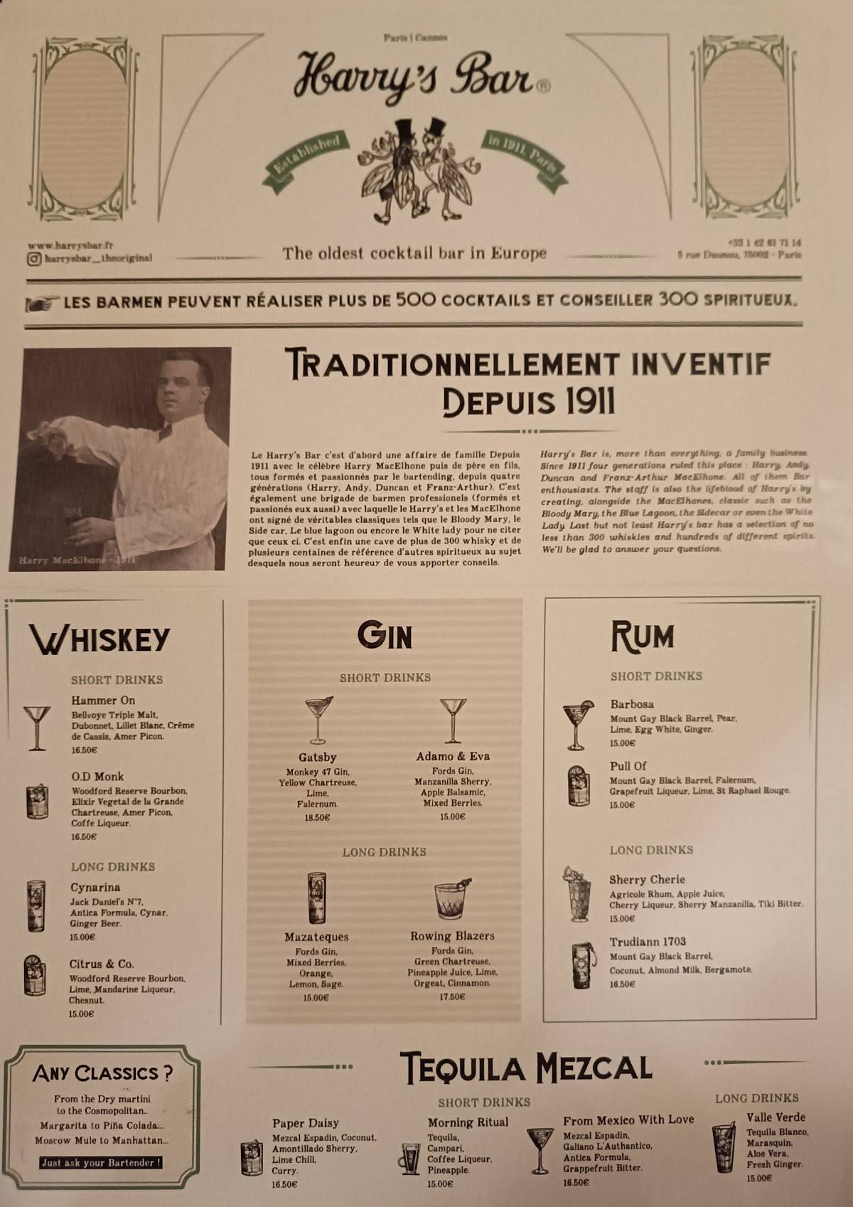 Menu at Harry's New York Bar, Paris
