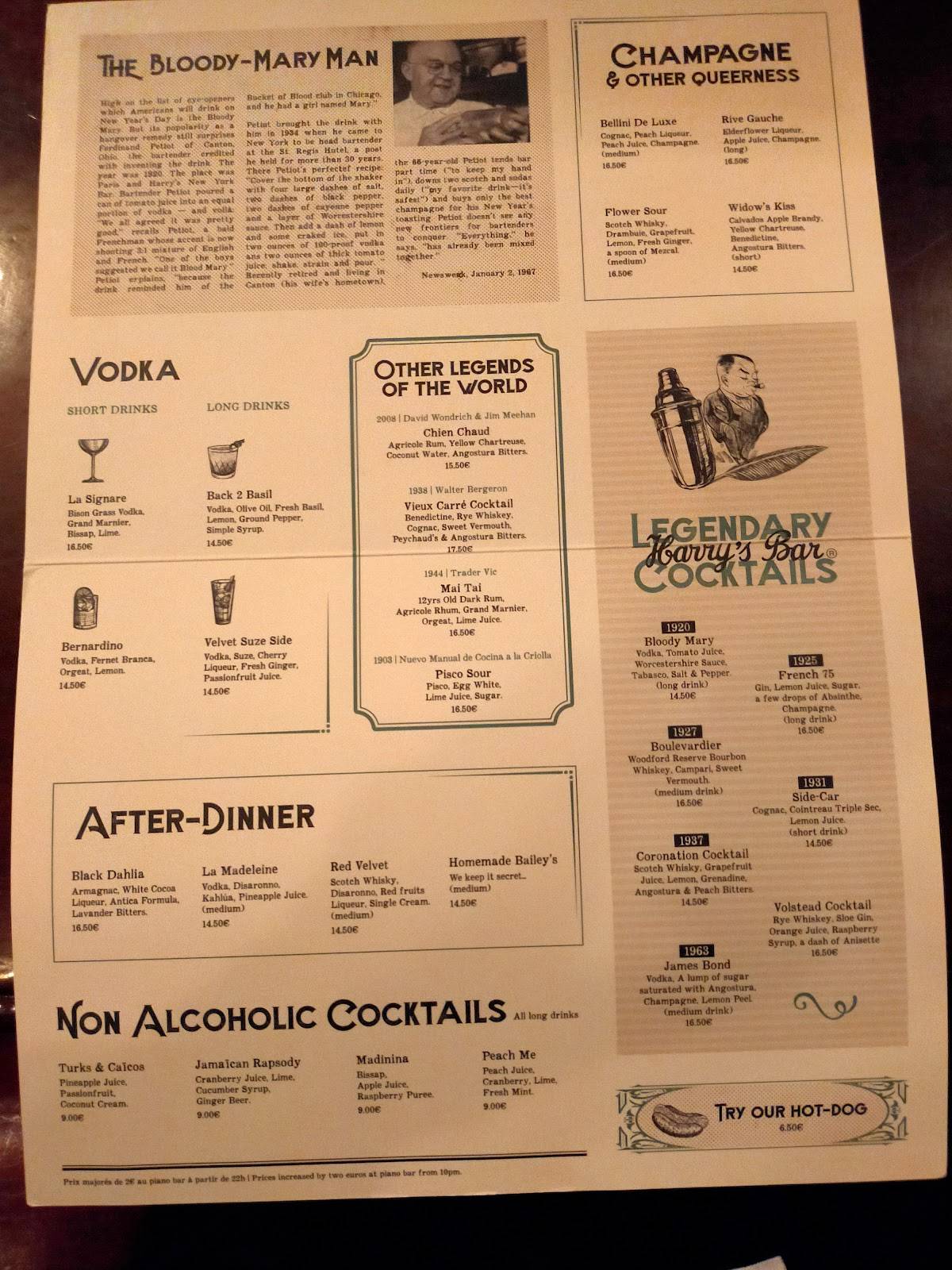 Menu at Harry's New York Bar, Paris