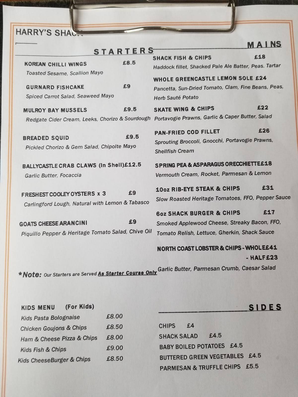 Menu at Harry's Shack restaurant, Portstewart