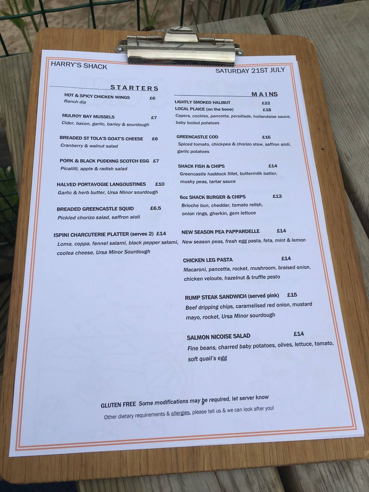 Menu at Harry's Shack restaurant, Portstewart