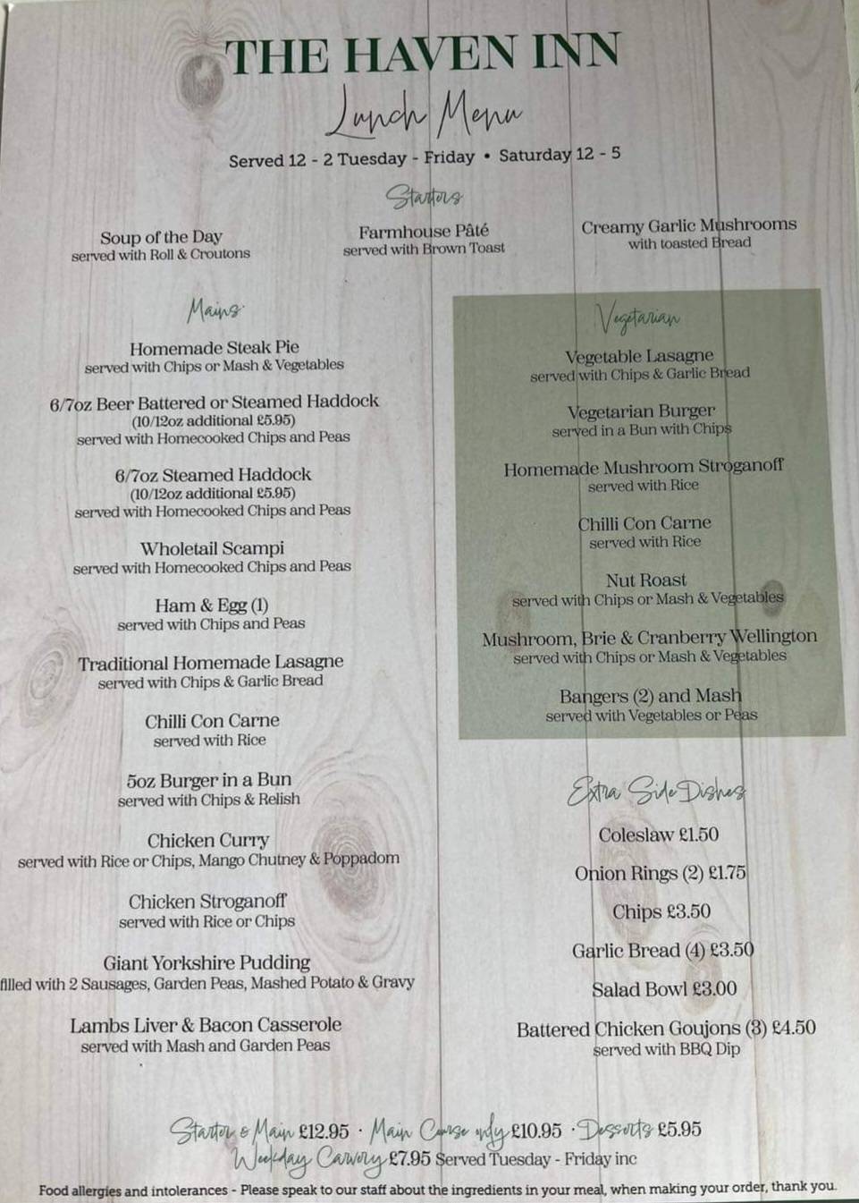 Menu at Haven Inn pub & bar, Barrow upon Humber