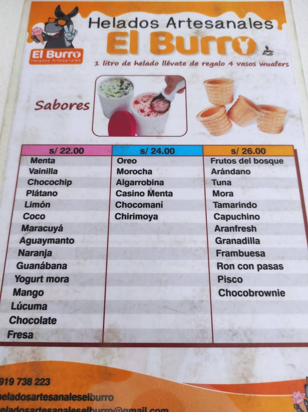Carta del pub y bar Helados Artesanales El Burro 2, Carabayllo