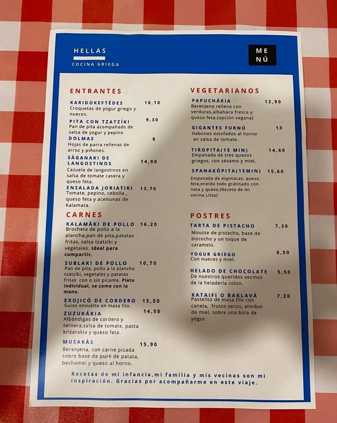 Carta del restaurante Hellas Cocina Griega, La Coruña