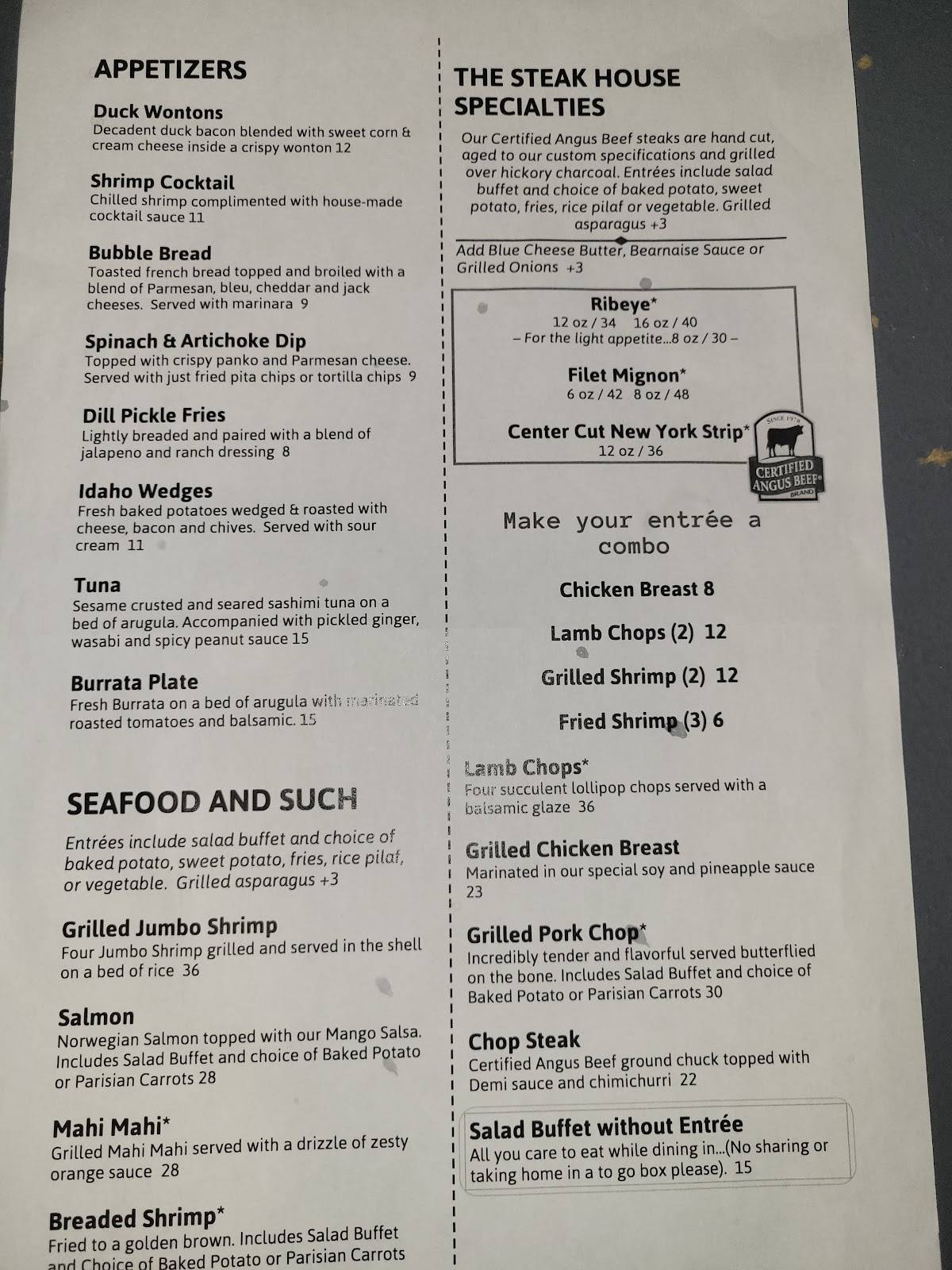 Menu at Hermitage Steak House steakhouse, Nashville, Lebanon Pike