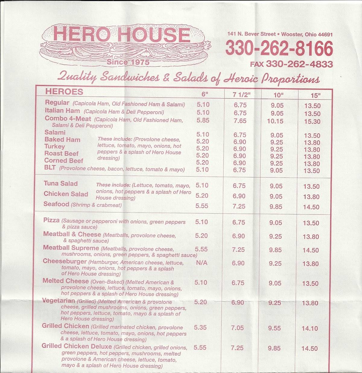 Menu at Hero House restaurant, Wooster