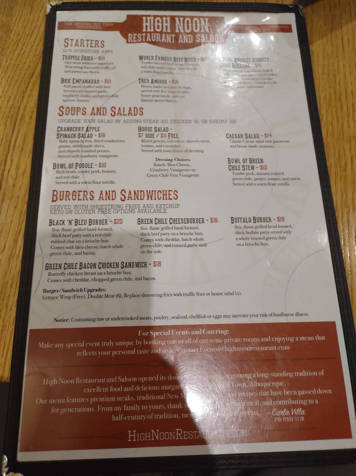 Menu at High Noon Restaurant & Saloon, Albuquerque