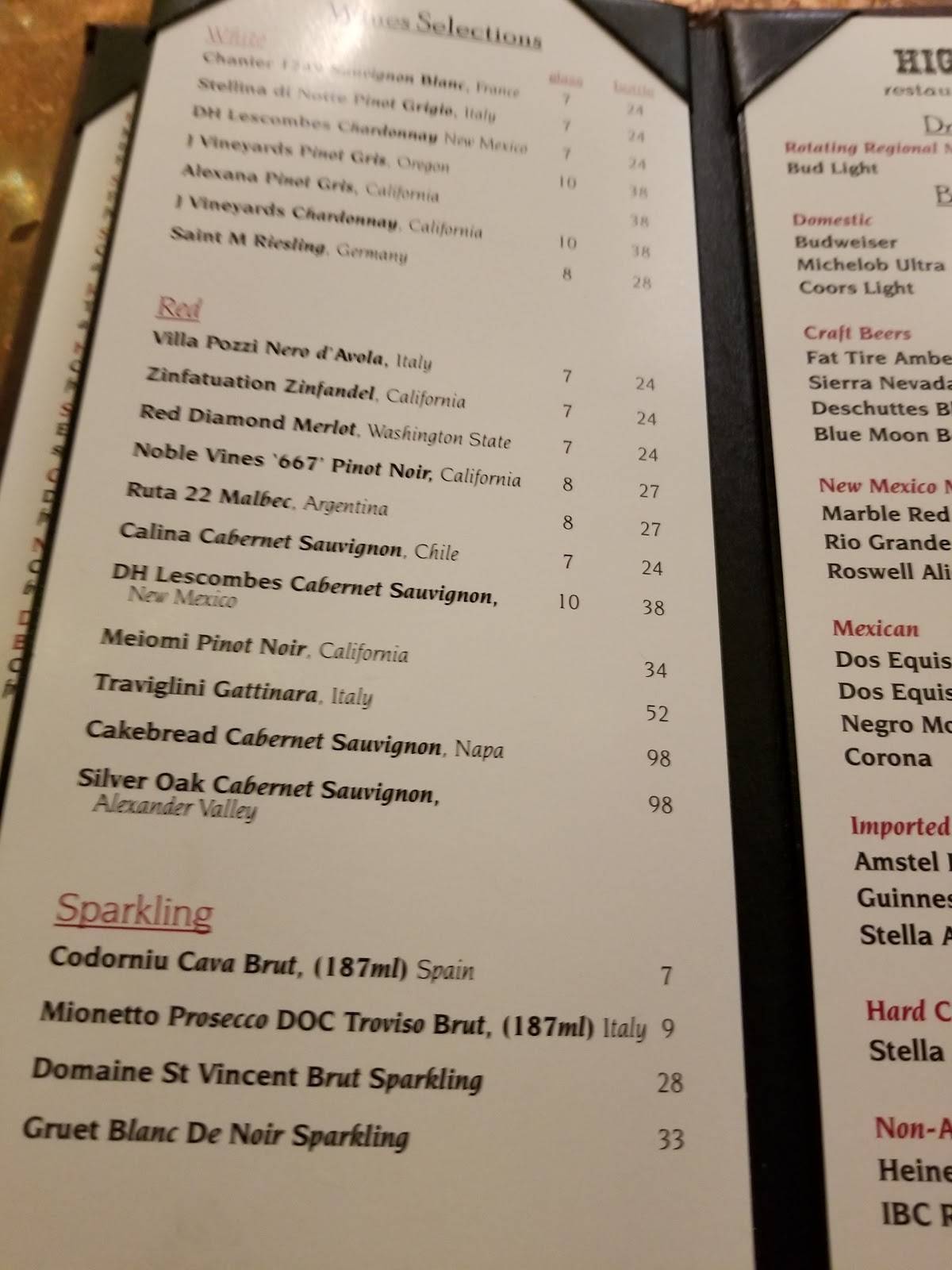 Menu at High Noon Restaurant & Saloon, Albuquerque
