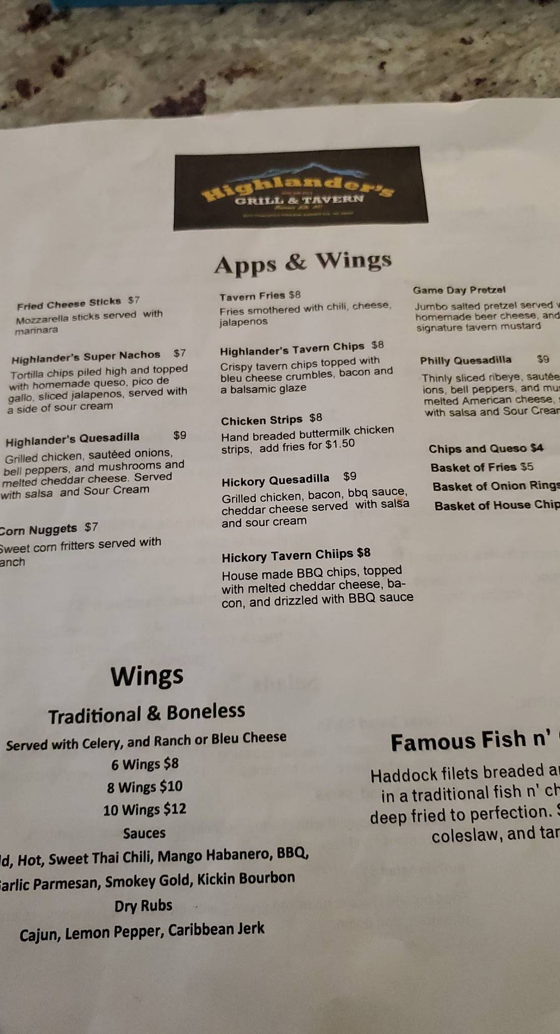 Menu at Highlanders Grill And Tavern pub & bar, Banner Elk