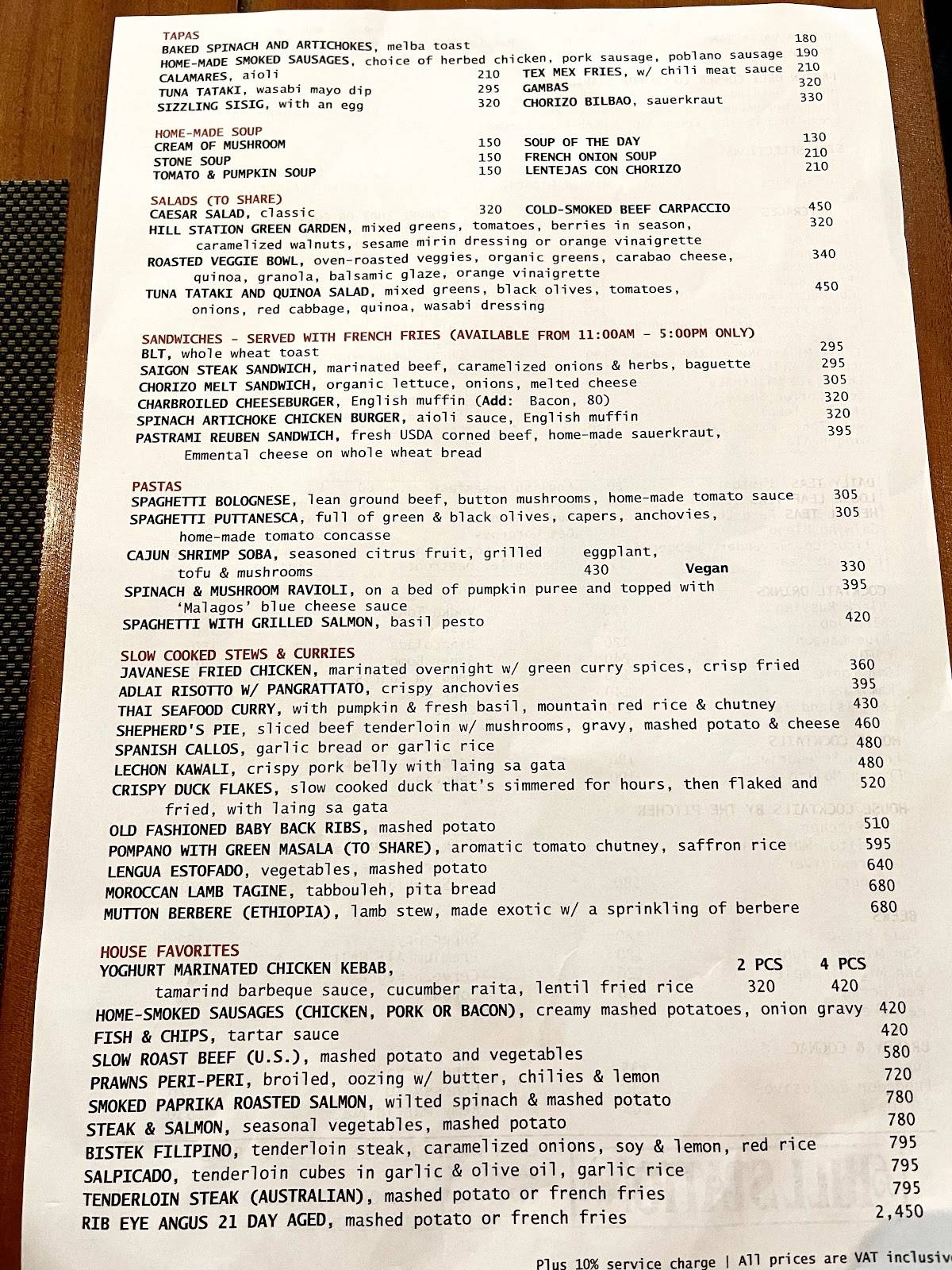 Menu at Hill Station restaurant, Baguio, Casa Vallejo