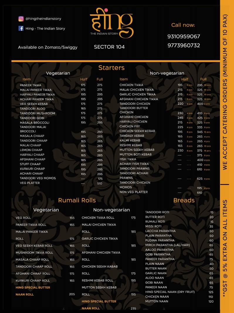 Menu at Hing- The Indian Story, Noida