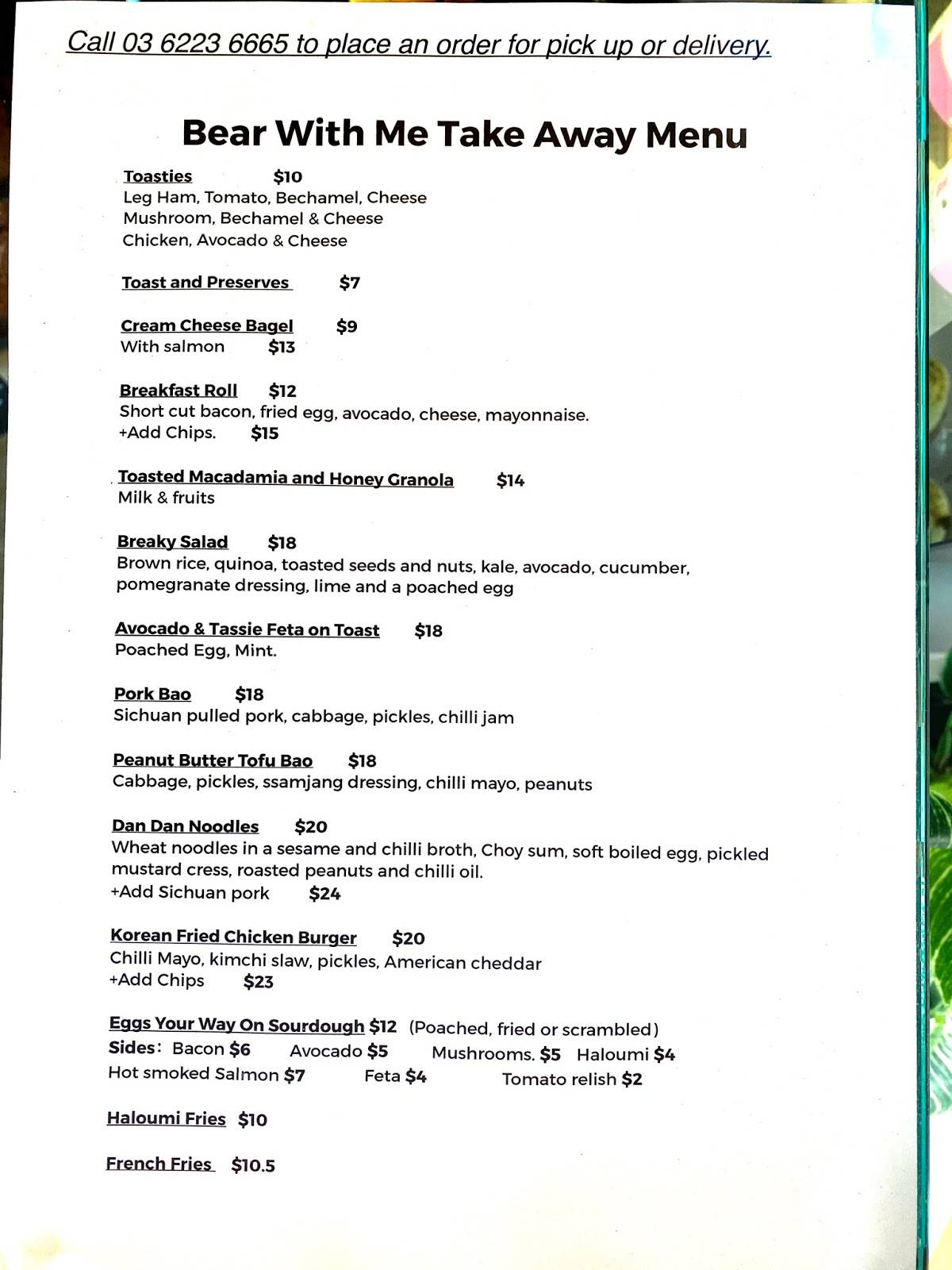 Menu at Bear With Me cafe, South Hobart