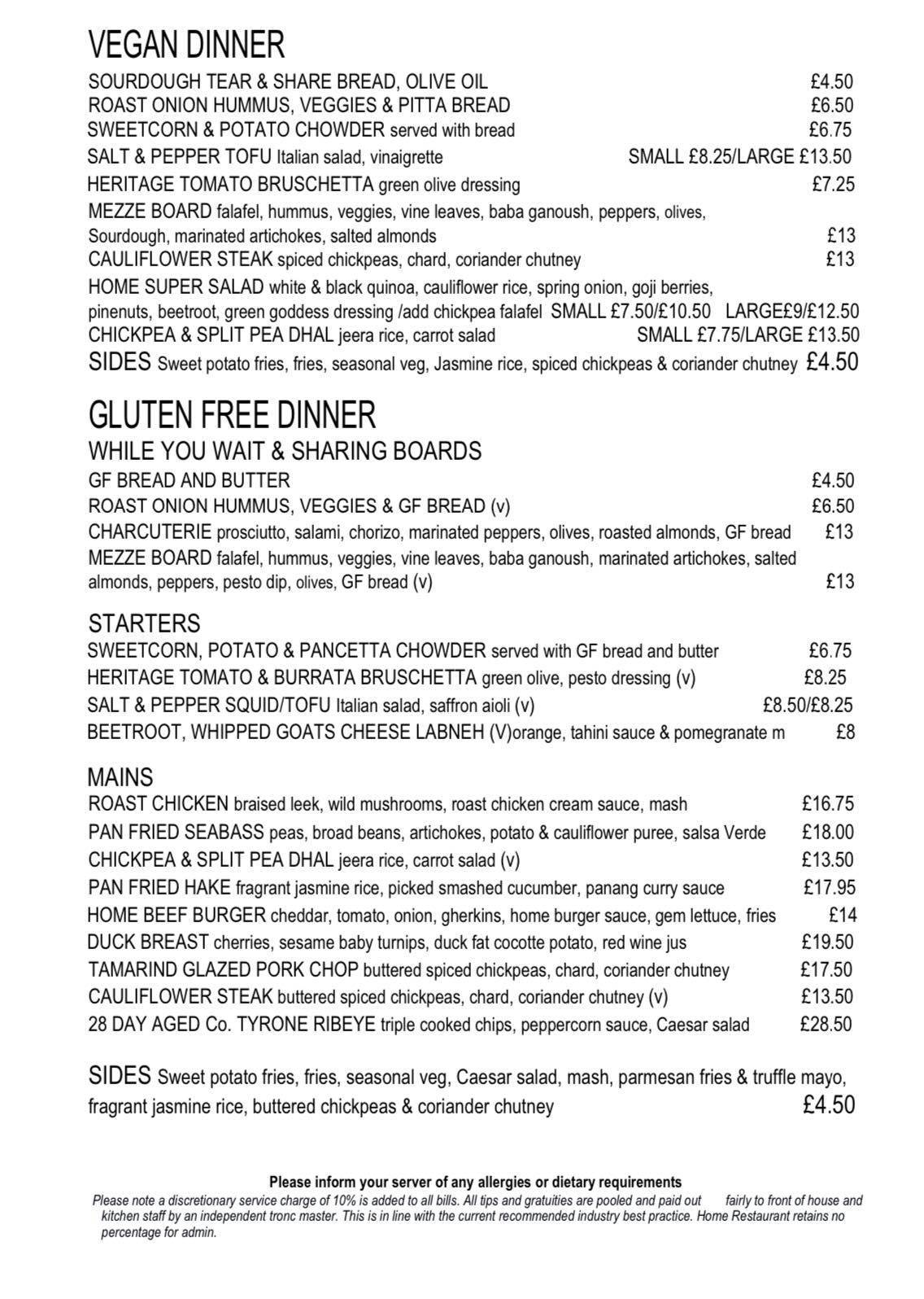 Menu at Home Restaurant, Belfast