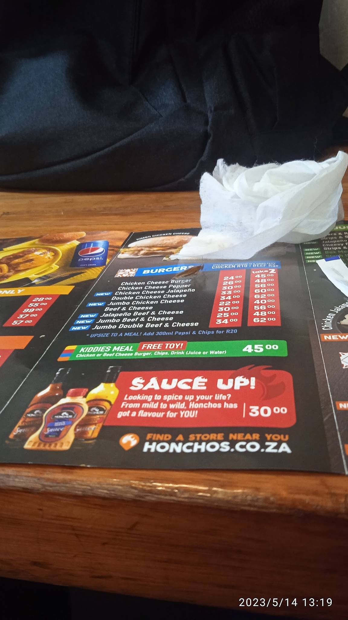 Menu at Honchos Hillbrow restaurant, Johannesburg, 54 Kotze St