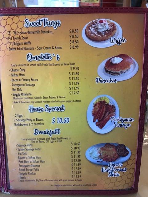 Menu at Honey Bee's House of Breakfast restaurant, Los Angeles