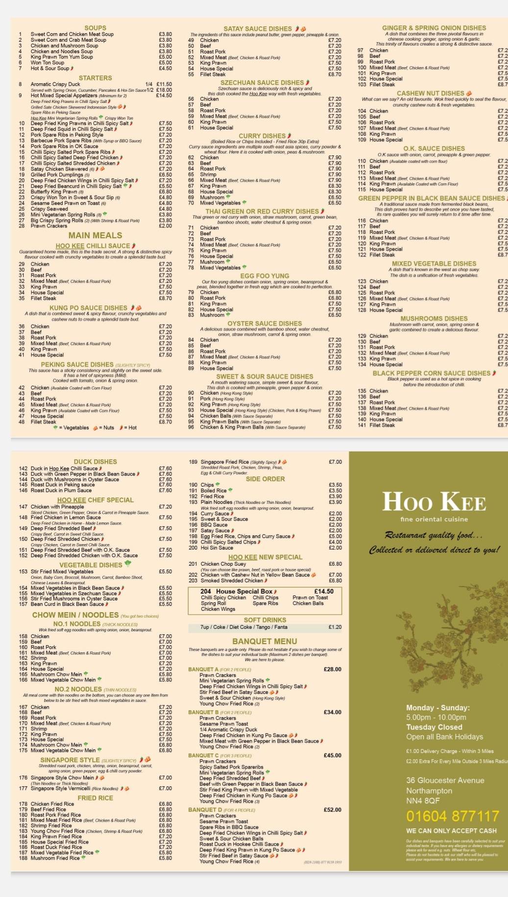 Menu at Hoo Kee restaurant, Northampton