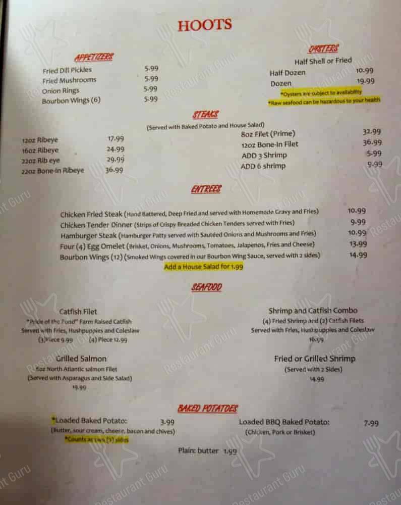 Menu at Hoots BBQ & Steaks, McGehee