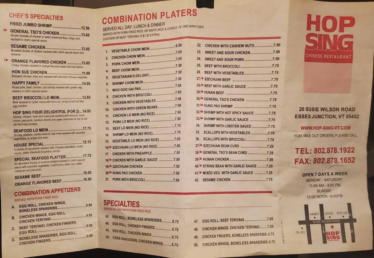 Menu at Hop Sing restaurant, Essex