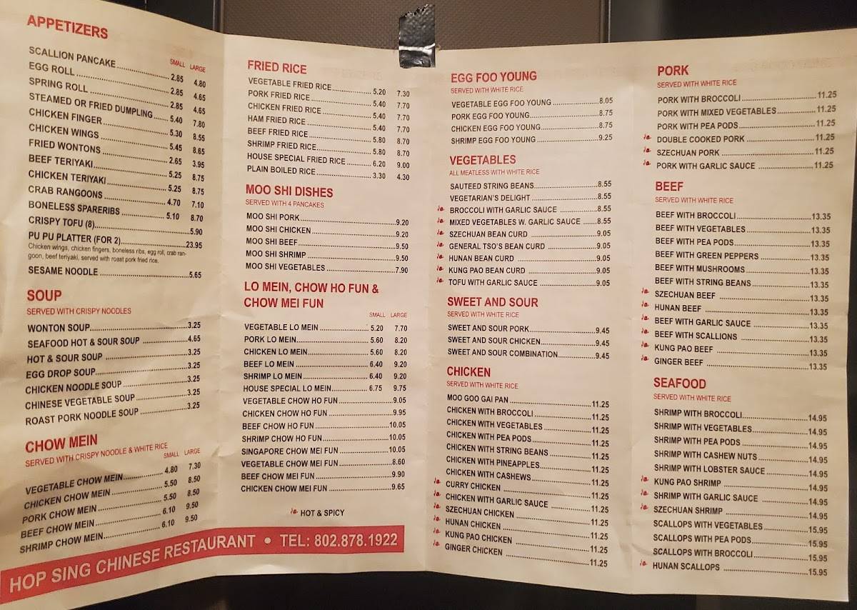 Menu at Hop Sing restaurant, Essex
