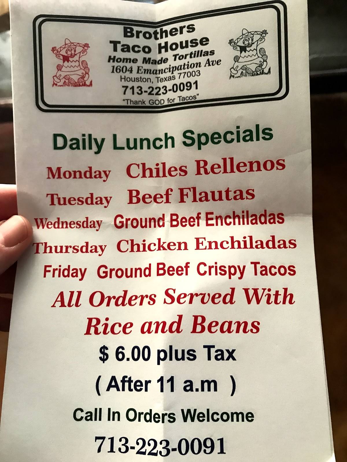 Menu at Brothers Taco House restaurant, Houston