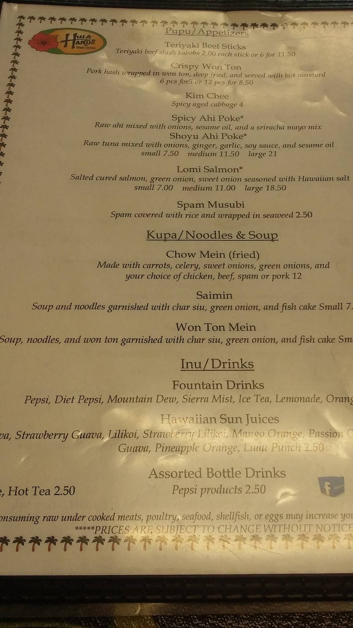 Menu at Hula Hands Restaurant, Anchorage, Mountain View Dr