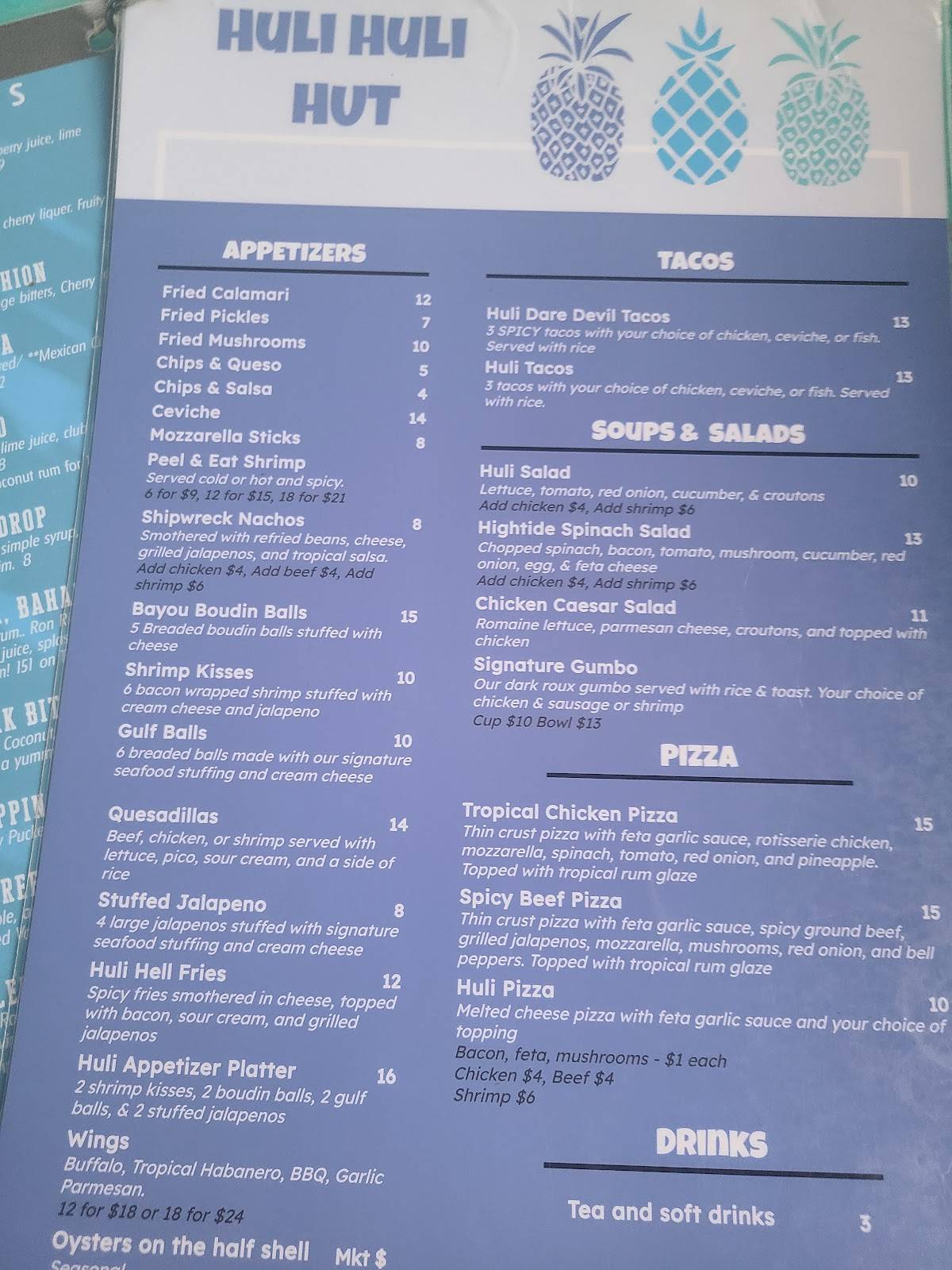 Menu at Huli Huli Hut restaurant, Galveston
