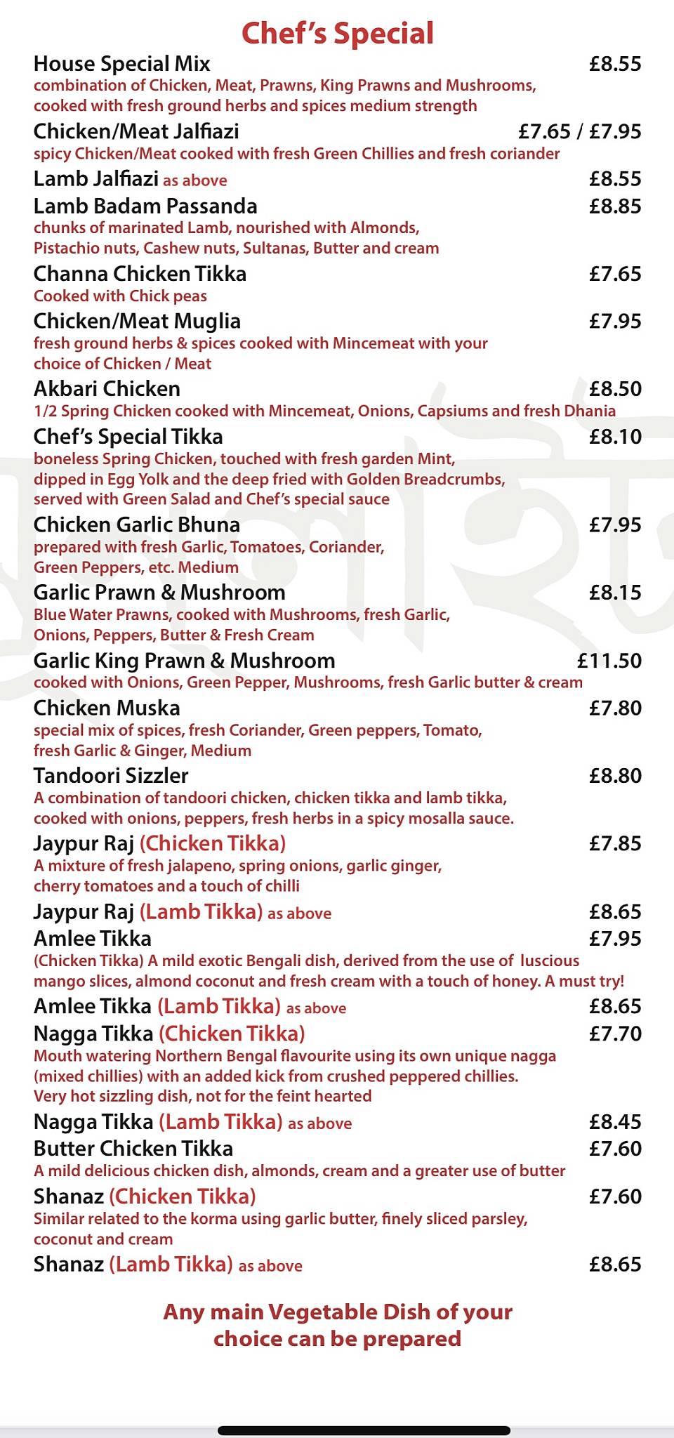 Menu at Moonlight Tandoori restaurant, Hull