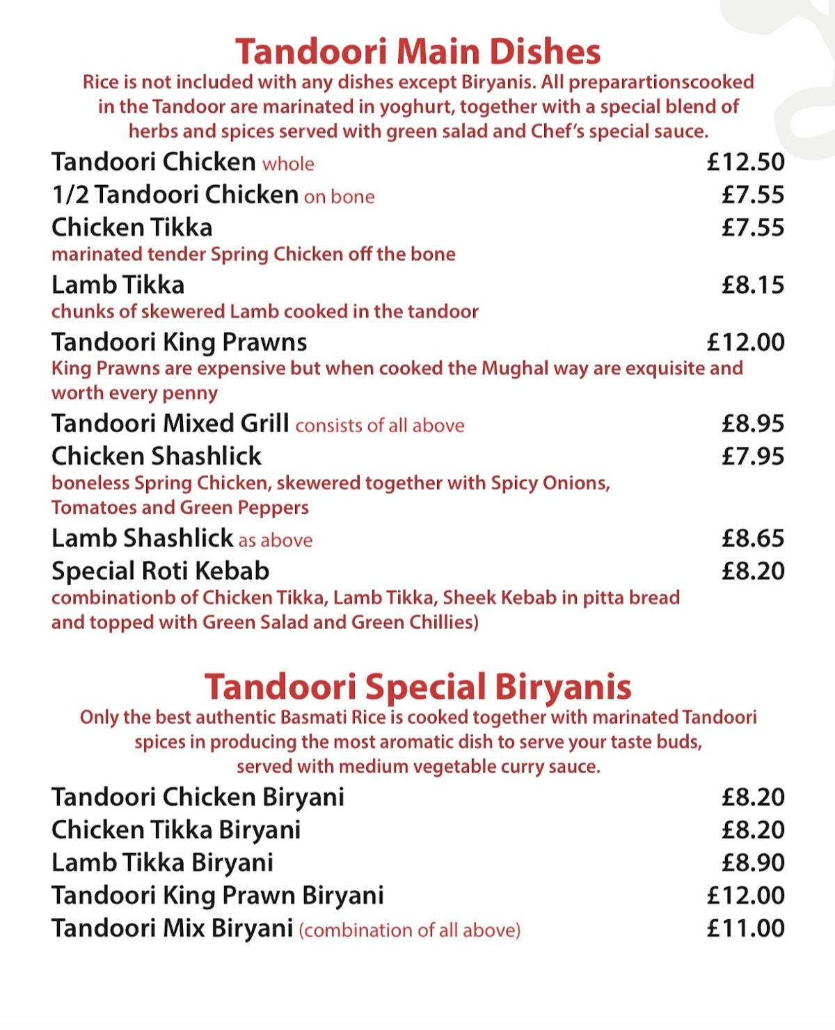 Menu at Moonlight Tandoori restaurant, Hull