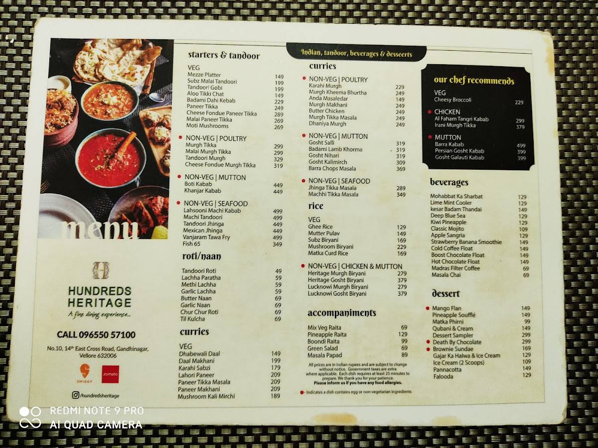 Menu at Hundreds Heritage, Vellore