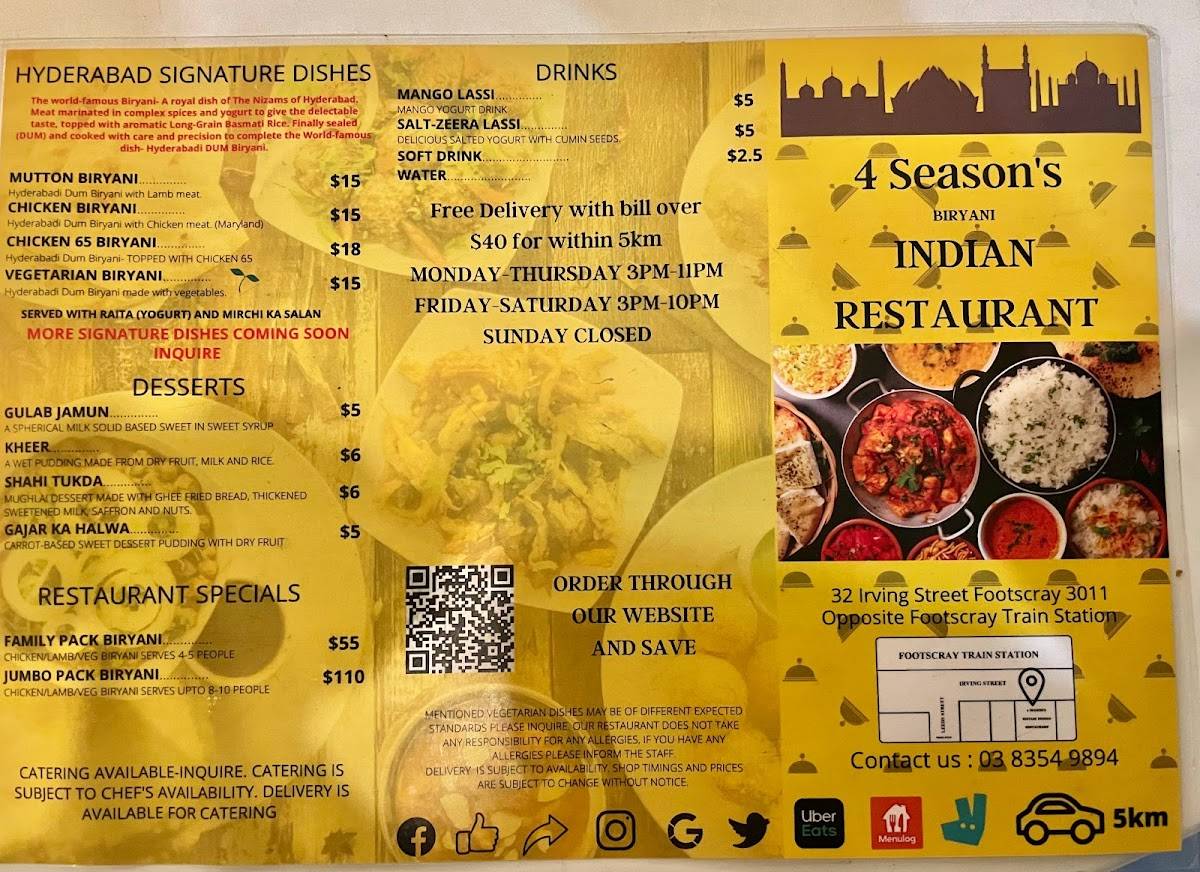 Menu at Hyderabadi Bahar Indian Restaurant, Footscray