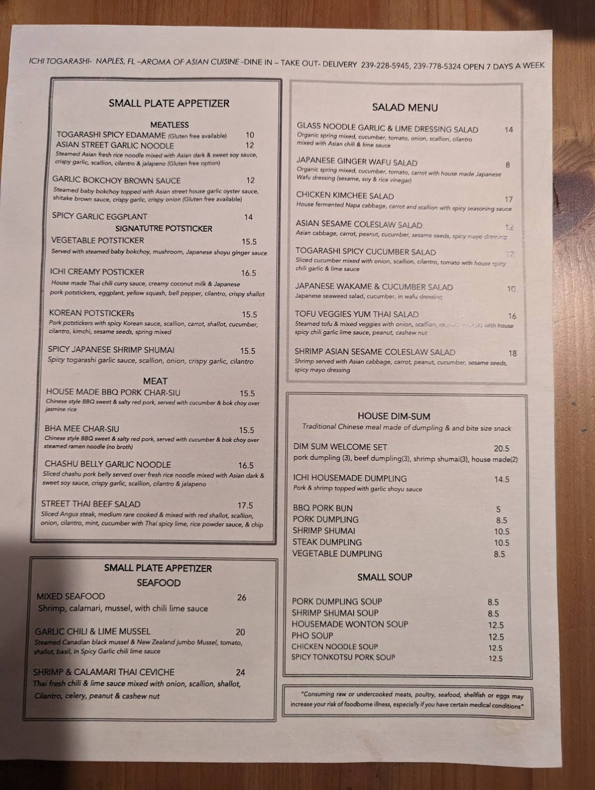 Menu at Ichi Togarashi restaurant, Naples