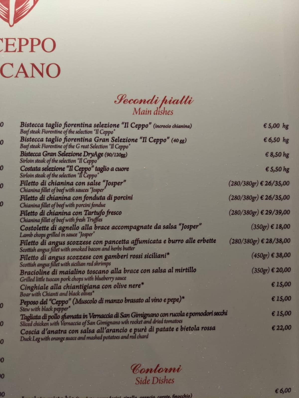 Speisekarte von Il Ceppo Toscano restaurant, San Gimignano