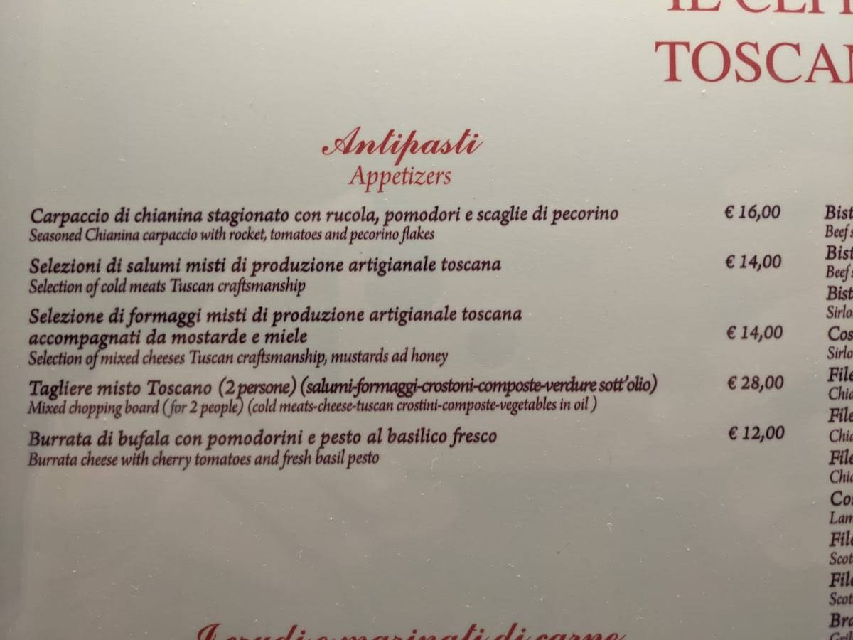 Speisekarte von Il Ceppo Toscano restaurant, San Gimignano