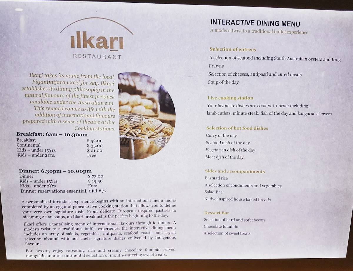 Menu at Ilkari Restaurant, Yulara