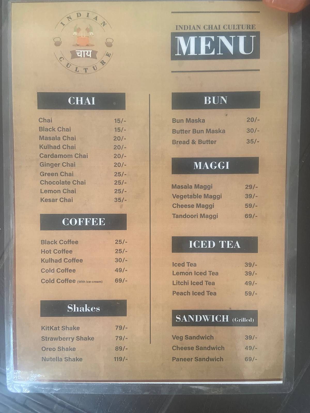 Menu at Indian Chai Culture, Jaipur