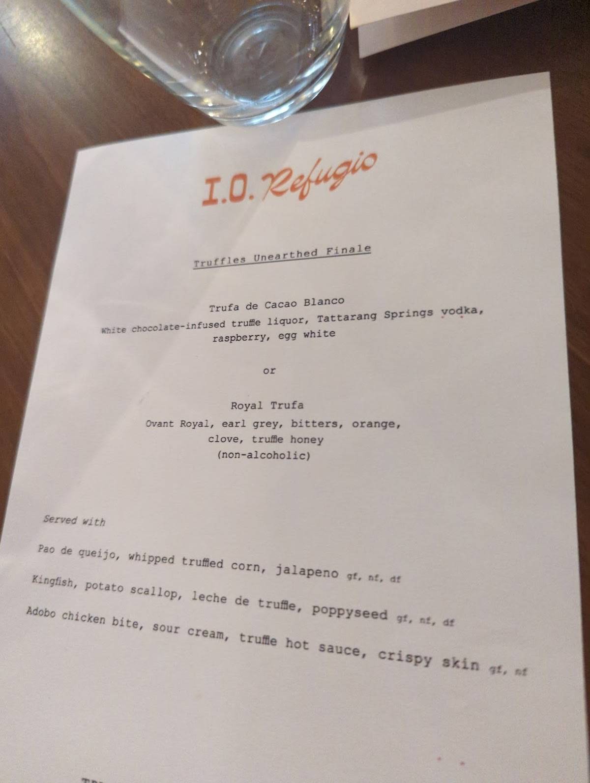 Menu at Indigo Oscar restaurant, Cottesloe
