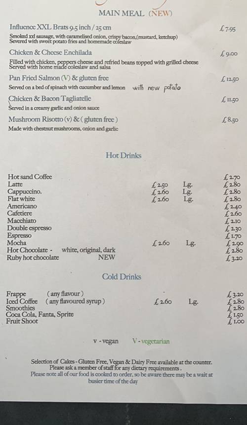 Menu at Influence Cafe, Darlington