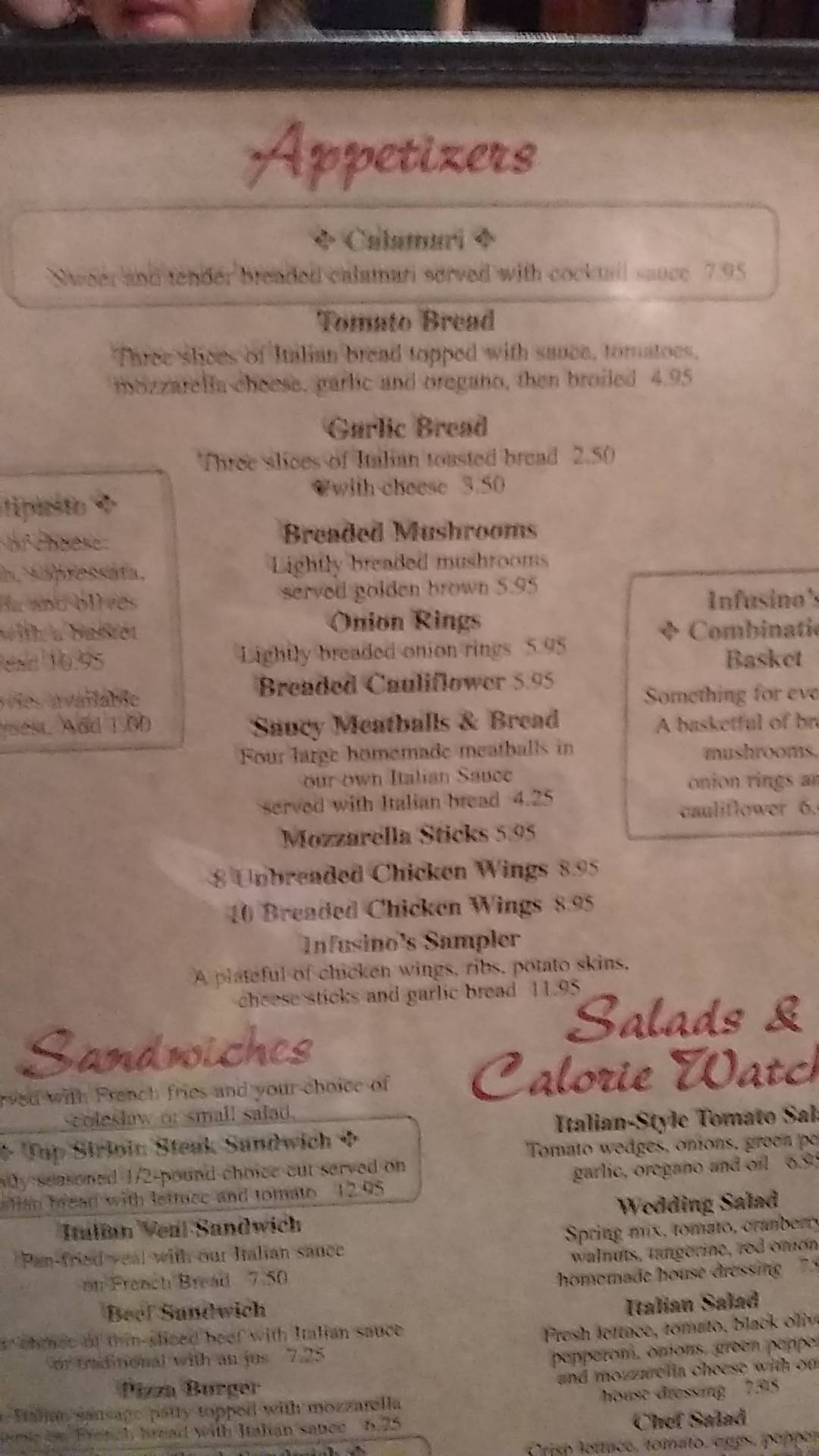 Menu at Infusino's Restaurant & Pizzeria, Racine