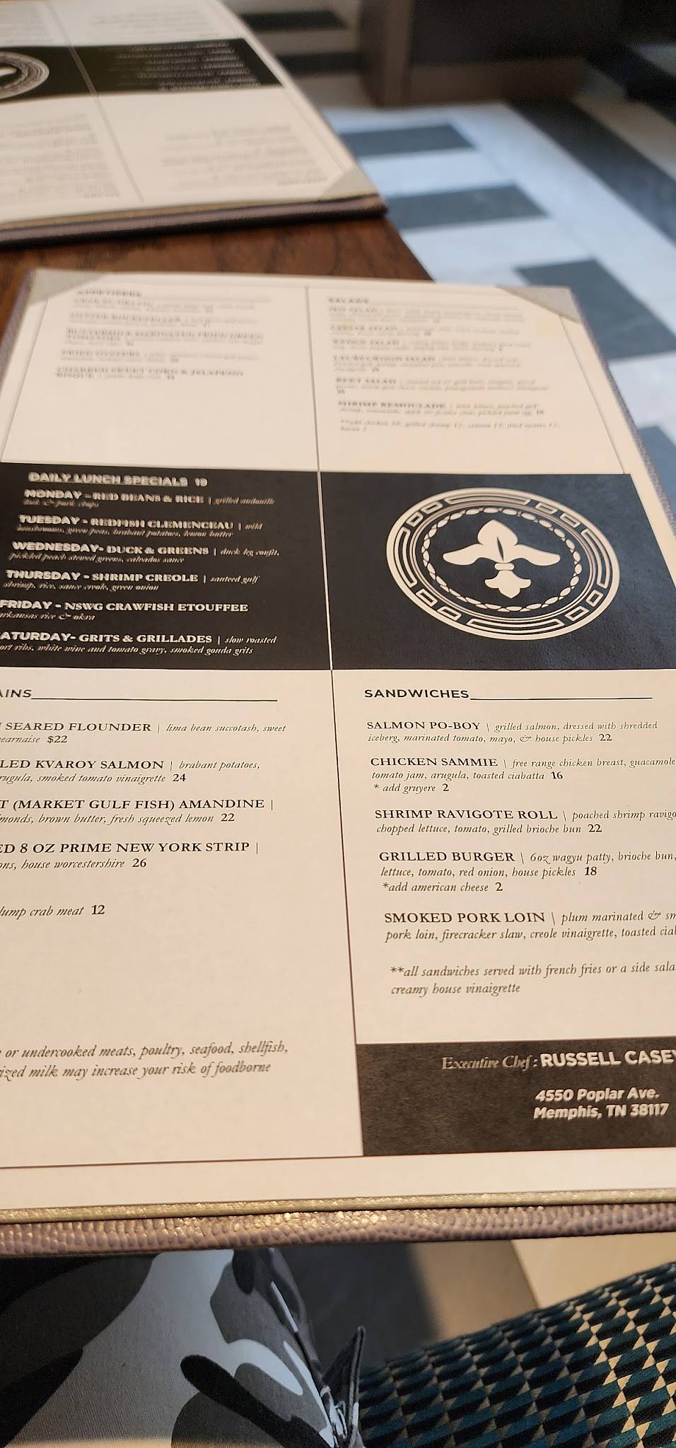 Menu at Iris restaurant, Memphis