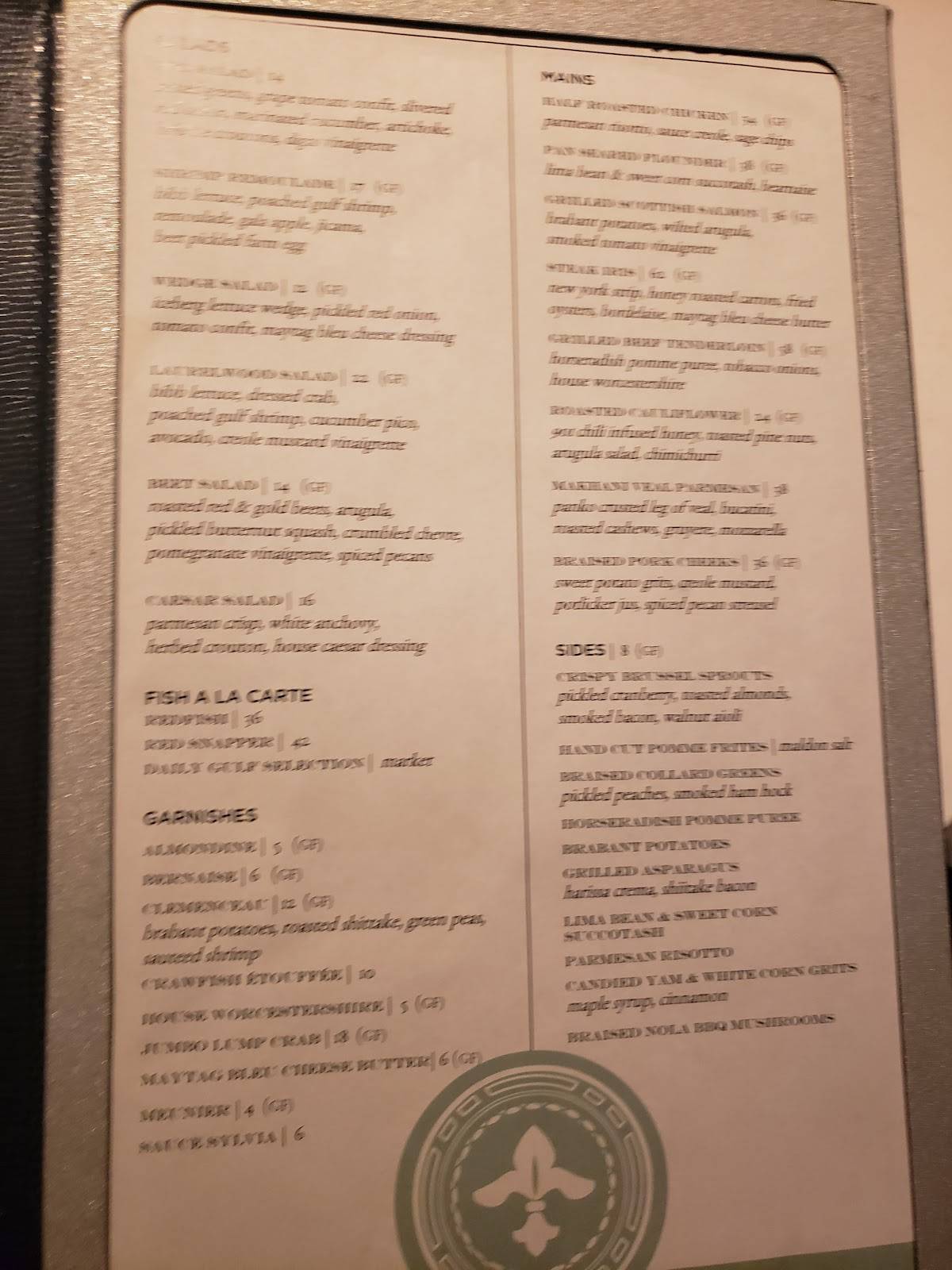 Menu at Iris restaurant, Memphis