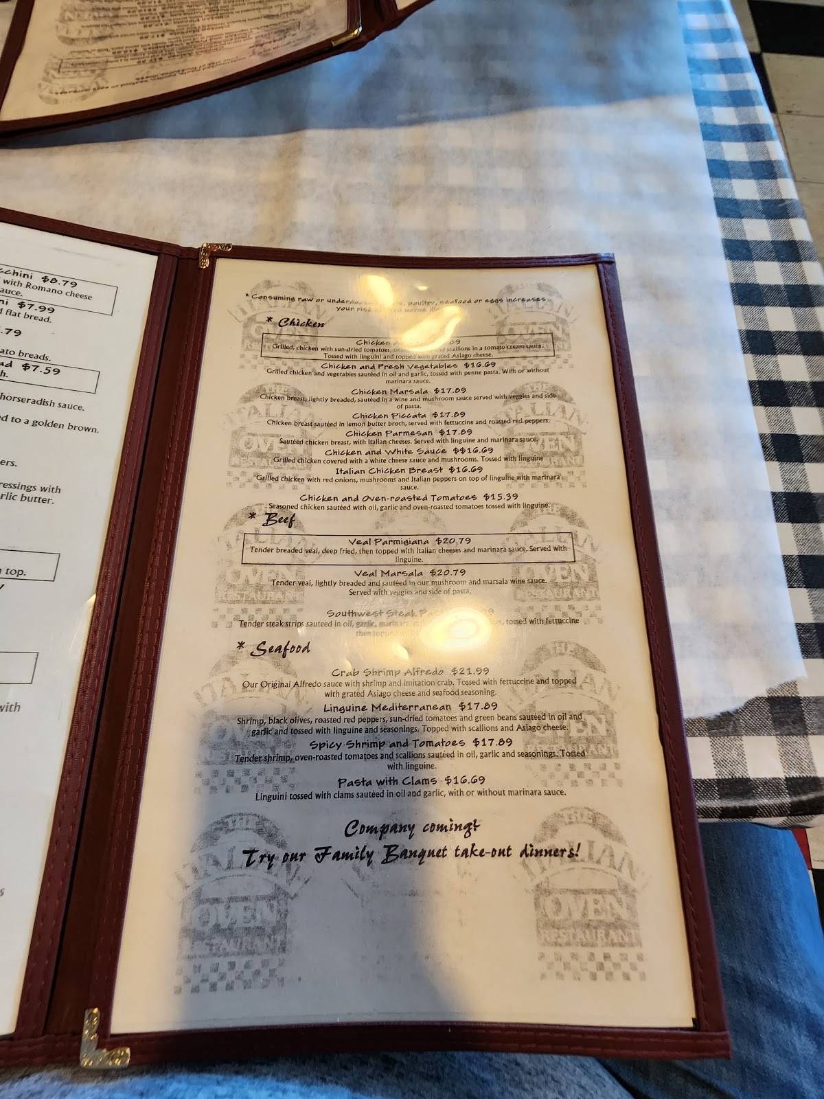 Menu at Italian Oven Restaurant, Connellsville