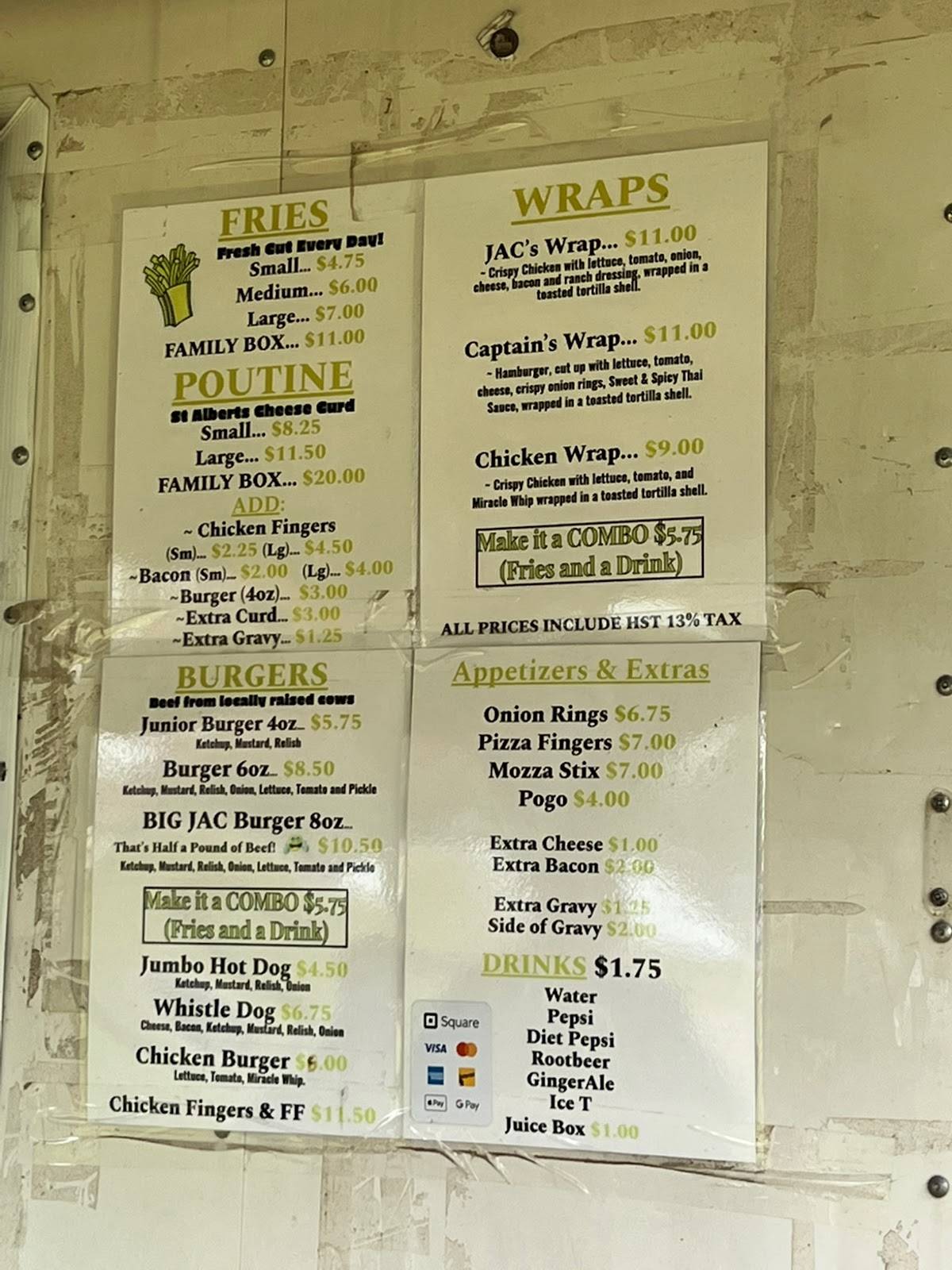 Menu at JAC's Chip Wagon fast food, Newboro