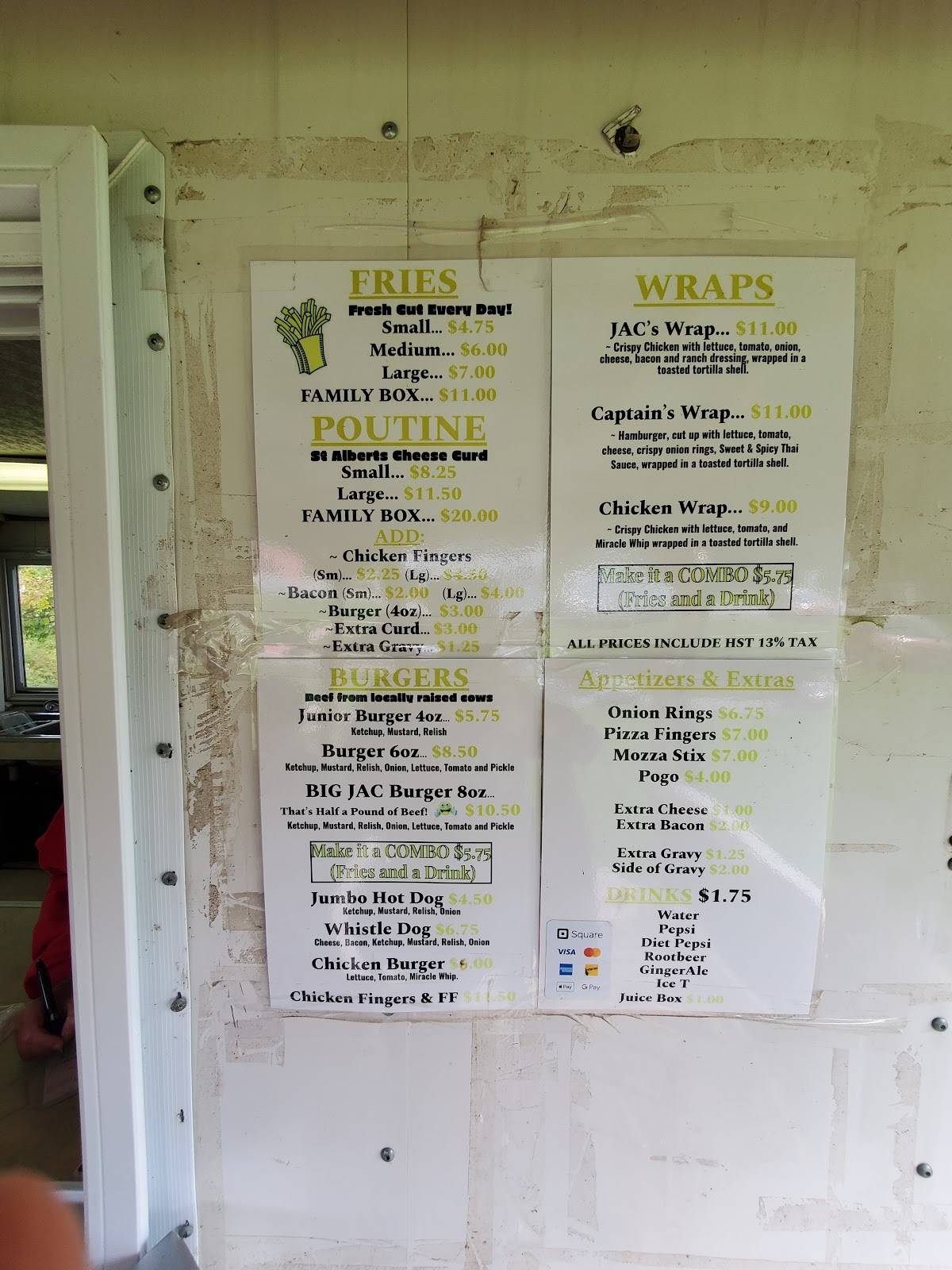 Menu at JAC's Chip Wagon fast food, Newboro