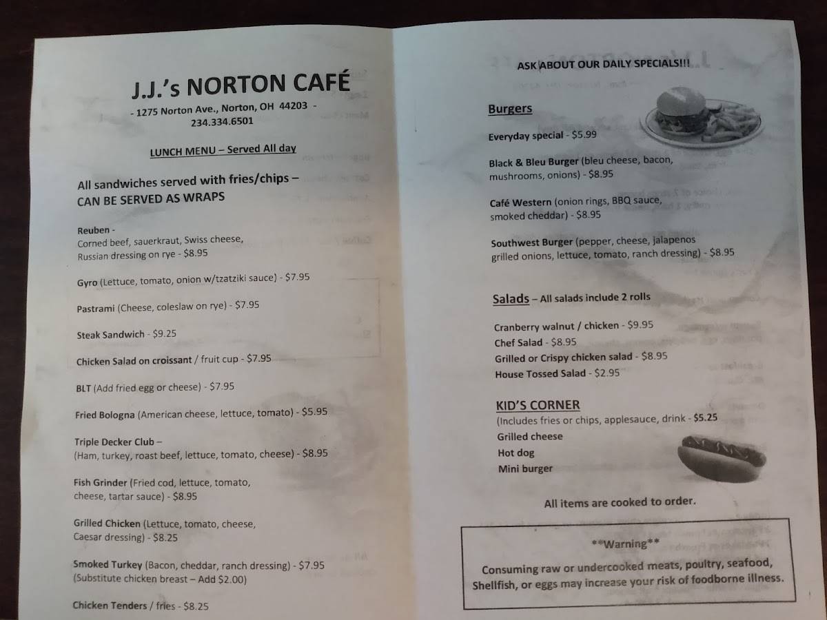 Menu at JJ's Norton Cafe, Norton