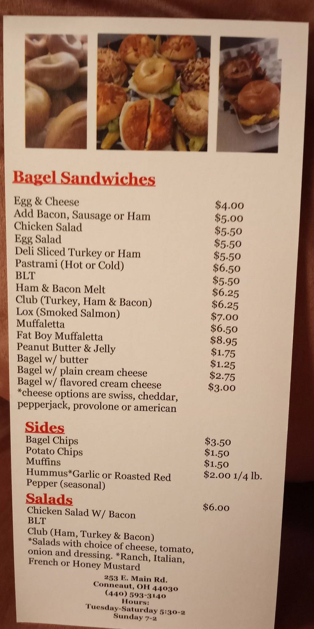 Menu at JT's Bagels, Conneaut